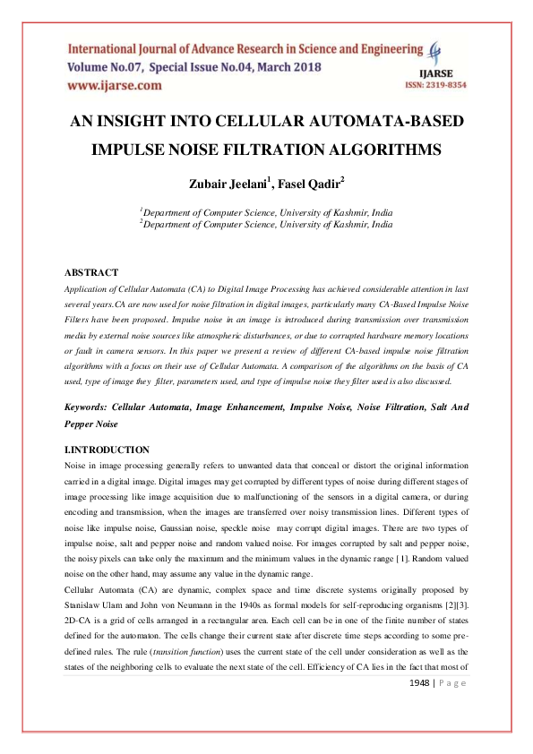 Pdf An Insight Into Cellular Automata Based Impulse Noise Filtration Algorithms