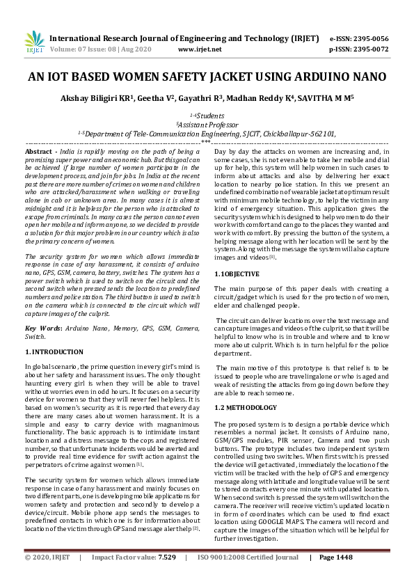 (PDF) IRJET- AN IOT BASED WOMEN SAFETY JACKET USING ARDUINO NANO (PDF) IRJET- AN IOT BASED WOMEN SAFETY JACKET USING ARDUINO NANO