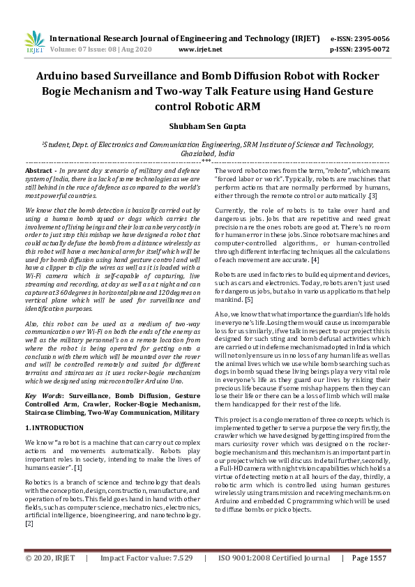 Pdf Irjet Arduino Based Surveillance And Bomb Diffusion Robot With