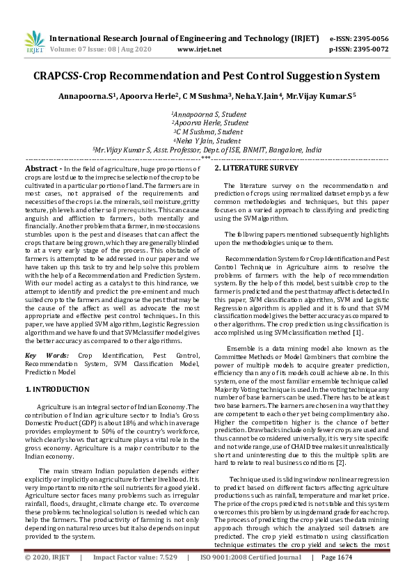 (PDF) IRJET- CRAPCSS-Crop Recommendation and Pest Control Suggestion System