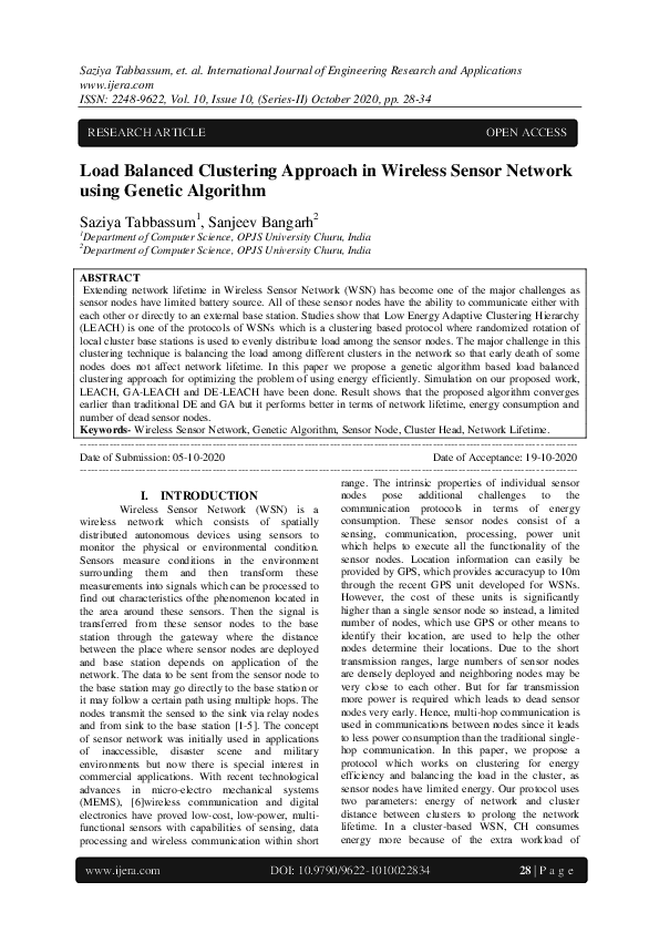 Pdf Load Balanced Clustering Approach In Wireless Sensor Network Using Genetic Algorithm