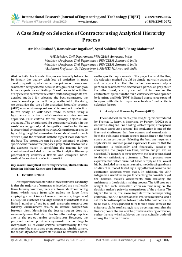 (PDF) IRJET- A Case Study on Selection of Contractor using Analytical ...