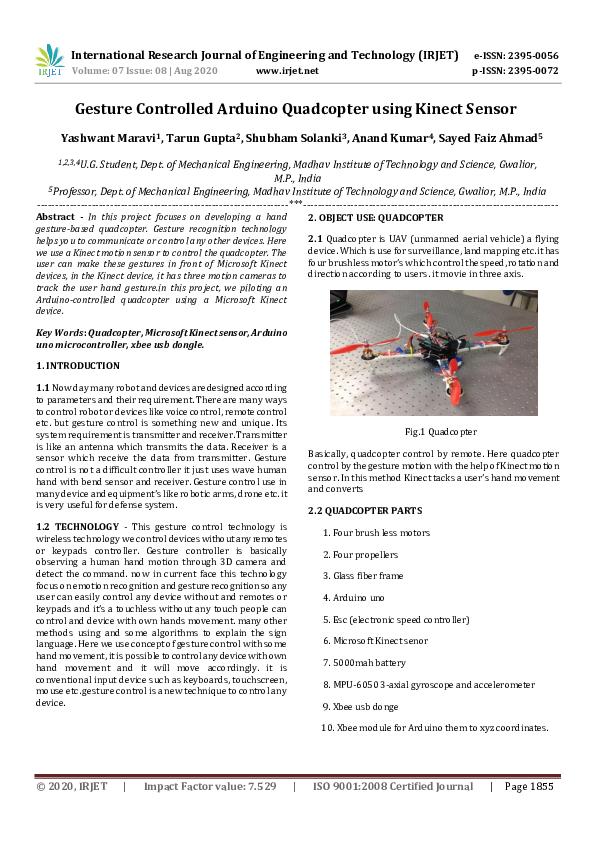 (PDF) IRJET- Gesture Controlled Arduino Quadcopter using Kinect Sensor