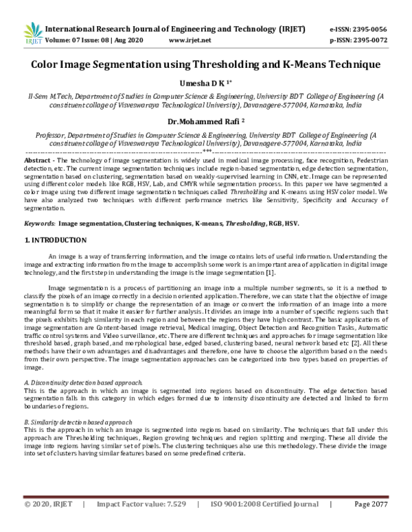 (PDF) IRJET- Color Image Segmentation using Thresholding and K-Means Technique
