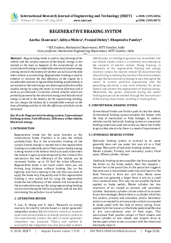 (PDF) IRJET- REGENERATIVE BRAKING SYSTEM