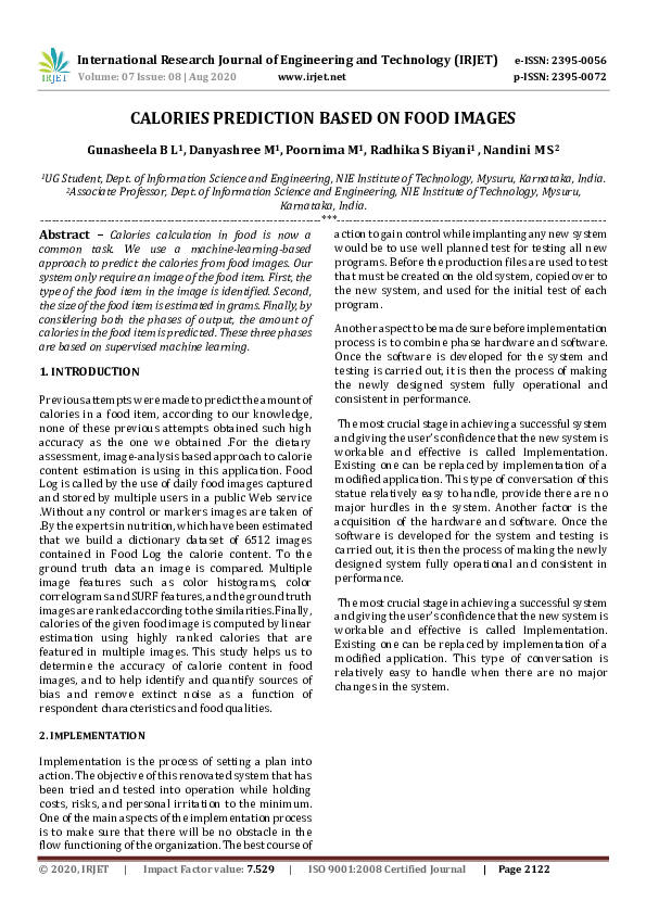 (PDF) IRJET- CALORIES PREDICTION BASED ON FOOD IMAGES