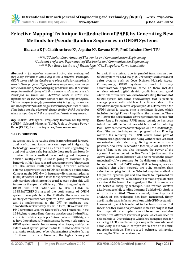 Pdf Irjet Selective Mapping Technique For Reduction Of Papr By