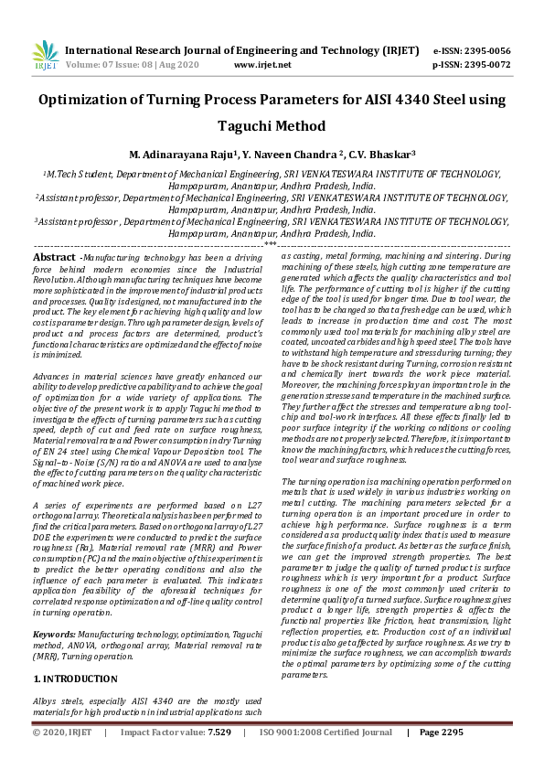 Pdf Irjet Optimization Of Turning Process Parameters For Aisi 4340 Steel Using Taguchi Method