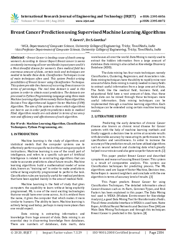 (PDF) Breast Cancer Prediction using Supervised Machine Learning Algorithms
