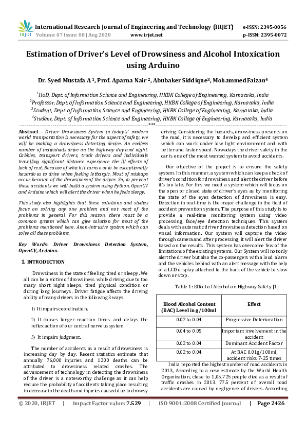Pdf Estimation Of Drivers Level Of Drowsiness And Alcohol Intoxication Using Arduino