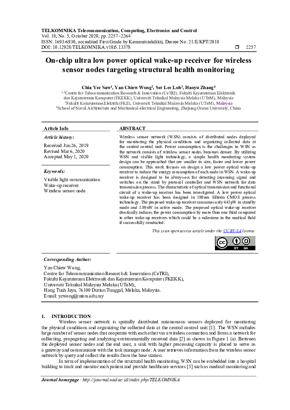 Pdf On Chip Ultra Low Power Optical Wake Up Receiver For Wireless Sensor Nodes Targeting