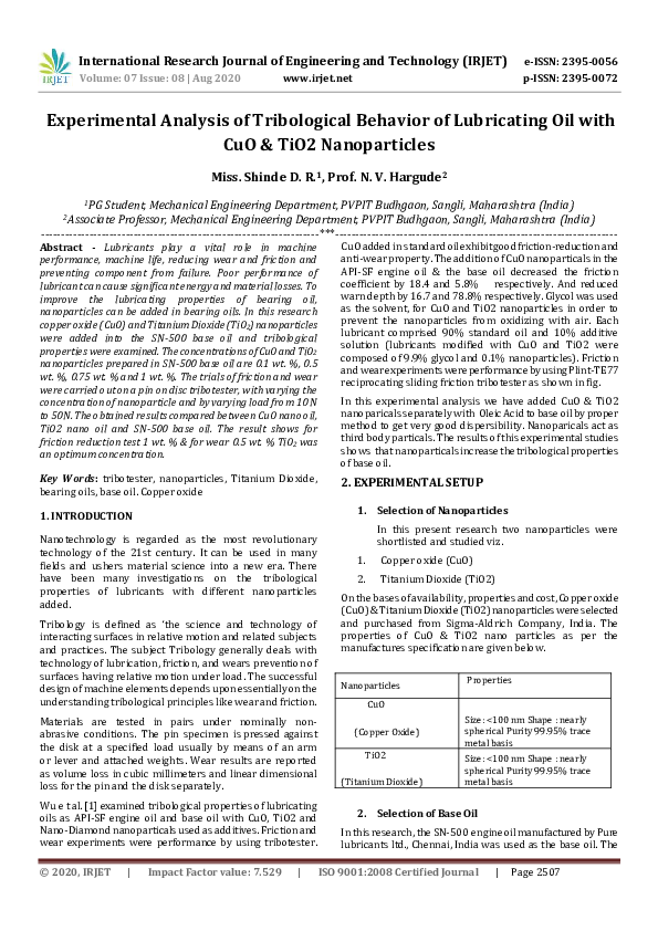 (PDF) IRJET- Experimental Analysis of Tribological Behavior of ...