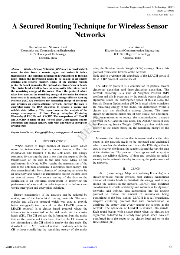 Pdf Ijert A Secured Routing Technique For Wireless Sensor Networks 