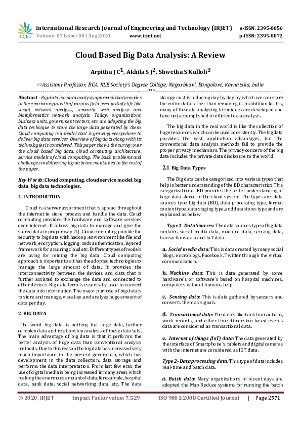 (PDF) IRJET- Cloud Based Big Data Analysis: A Review