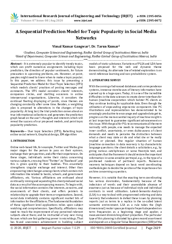 (PDF) IRJET- A Sequential Prediction Model for Topic Popularity in Social Media Networks