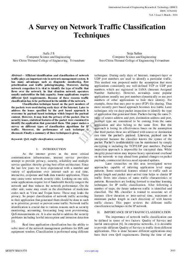Pdf Ijert A Survey On Network Traffic Classification Techniques