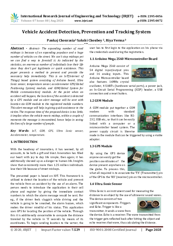 (PDF) IRJET- Vehicle Accident Detection, Prevention and Tracking System