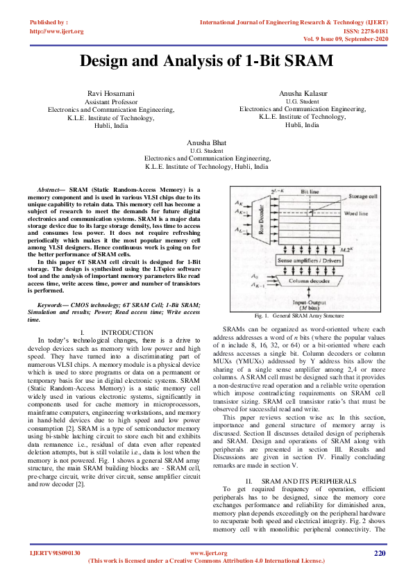 Pdf Ijert Cmos Sram Circuit Design And Layout Using Parametric Analysis Ijert Journal