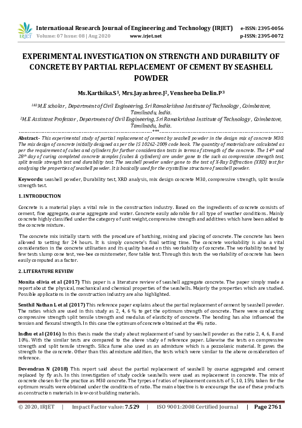 (PDF) IRJET- EXPERIMENTAL INVESTIGATION ON STRENGTH AND DURABILITY OF ...