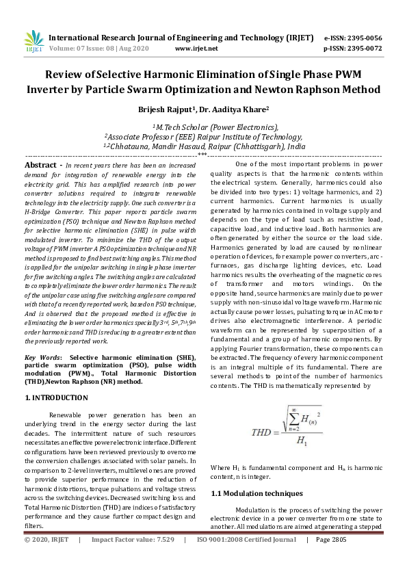 (PDF) IRJET-Review of Selective Harmonic Elimination of Single Phase PWM Inverter by Particle ...