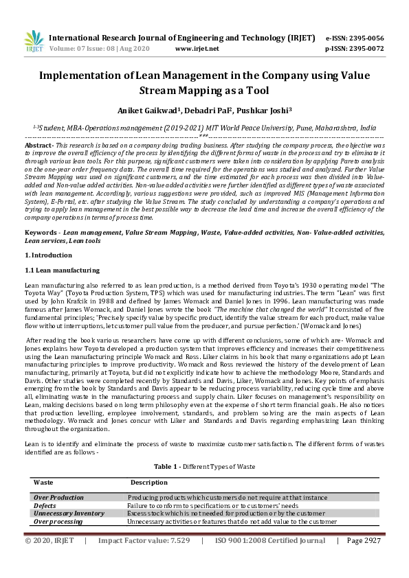 Pdf Implementation Of Lean Management In The Company Using Value Stream Mapping As A Tool