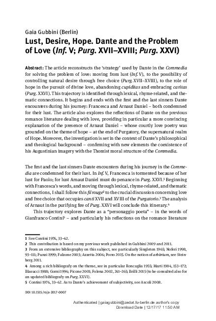 (PDF) Gaia Gubbini, "Lust, Desire, Hope. Dante and the Problem of Love ...