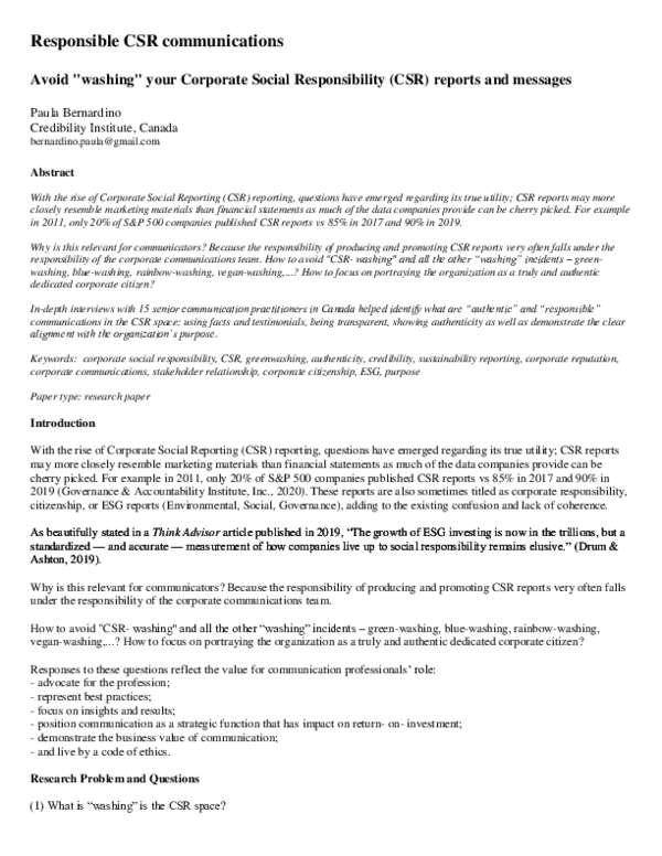 (PDF) Responsible CSR communications Avoid "washing" your Corporate ...