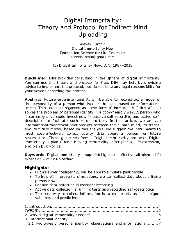 (DOC) Digital Immortality: Theory and Protocol for Indirect Mind Uploading