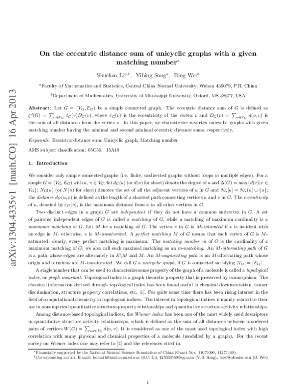 Pdf On The Eccentric Distance Sum Of Unicyclic Graphs With A Given Matching Number