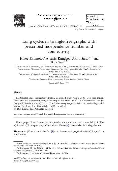 (PDF) Long cycles in triangle-free graphs with prescribed independence number and connectivity