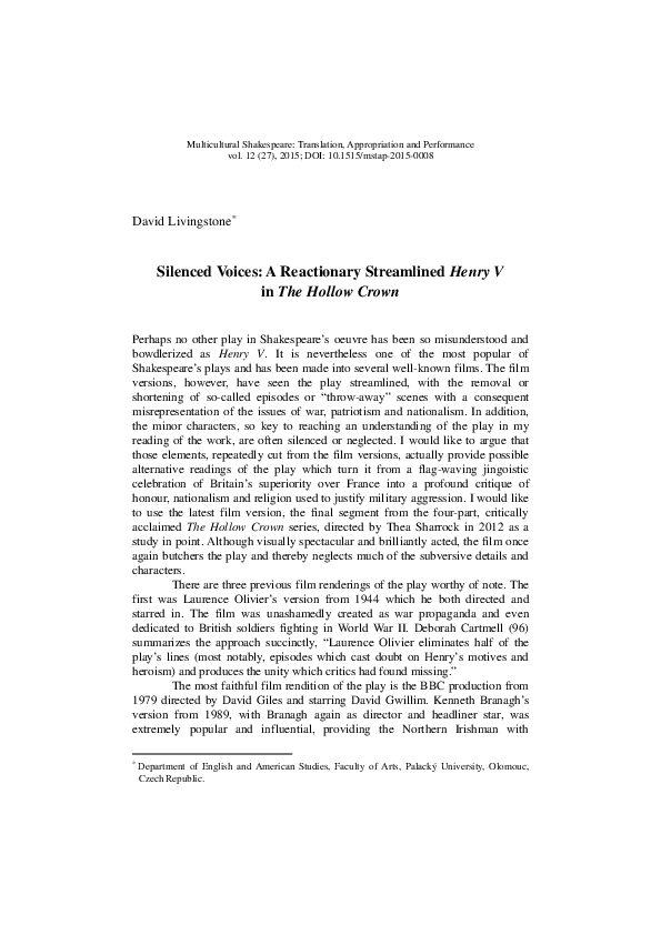 (PDF) Silenced Voices A Reactionary Streamlined Henry V in The Hollow Crown