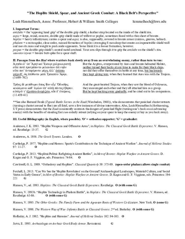 (PDF) Handout: "The Hoplite Shield, Spear, and Ancient Greek Combat: A ...