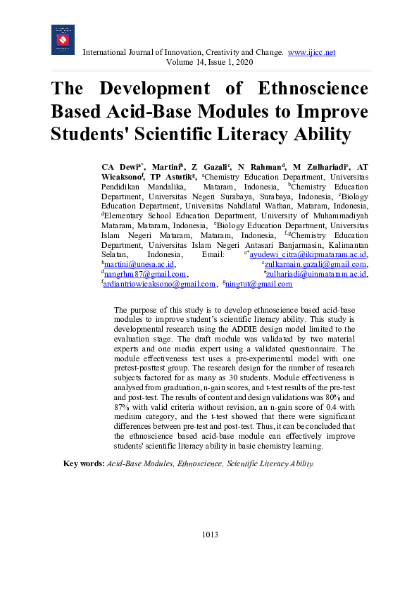 (PDF) The Development of Ethnoscience Based Acid-Base Modules to Improve Students' Scientific ...