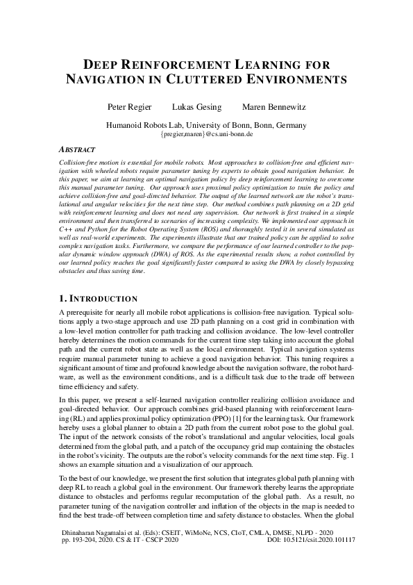 (PDF) DEEP REINFORCEMENT LEARNING FOR NAVIGATION IN CLUTTERED ENVIRONMENTS