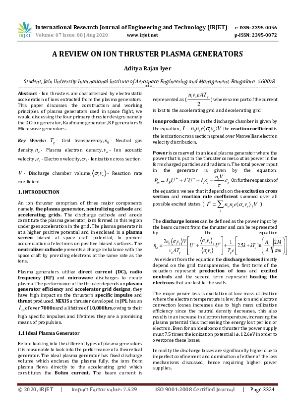 (PDF) IRJET- A REVIEW ON ION THRUSTER PLASMA GENERATORS