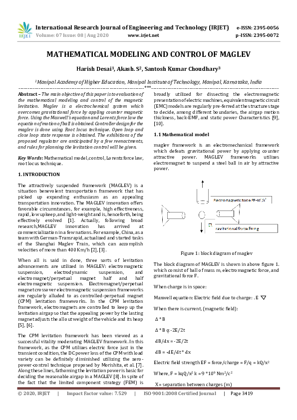 (PDF) IRJET- MATHEMATICAL MODELING AND CONTROL OF MAGLEV
