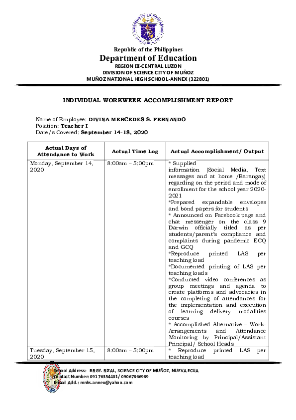 (DOC) INDIVIDUAL WORKWEEK ACCOMPLISHMENT REPORT | Divina Mercedes ...