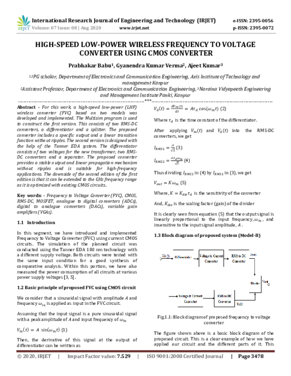 (PDF) IRJET- HIGH-SPEED LOW-POWER WIRELESS FREQUENCY TO VOLTAGE CONVERTER USING CMOS CONVERTER