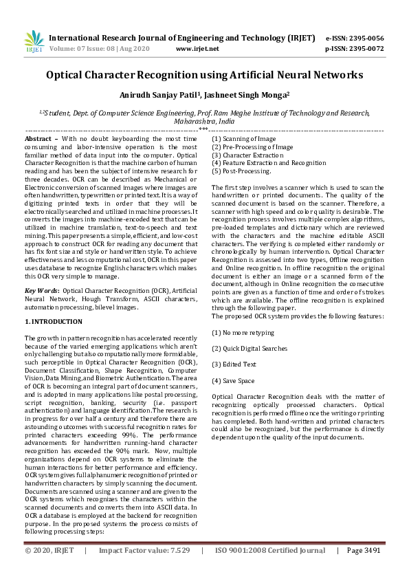 (PDF) IRJET- Optical Character Recognition using Artificial Neural Networks