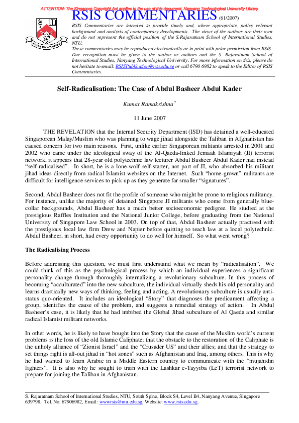 (PDF) Self-radicalisation : the case of Abdul Basheer Abdul Kader