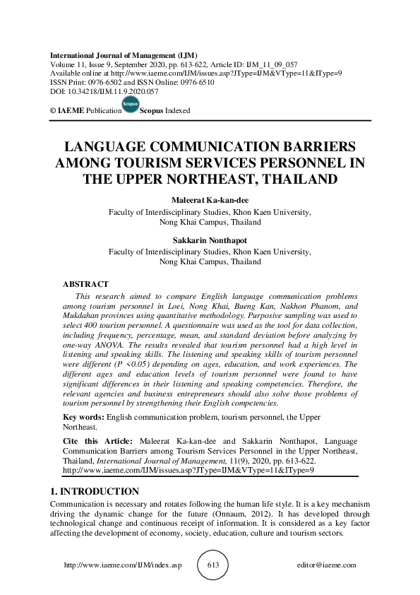 (PDF) LANGUAGE COMMUNICATION BARRIERS AMONG TOURISM SERVICES PERSONNEL ...