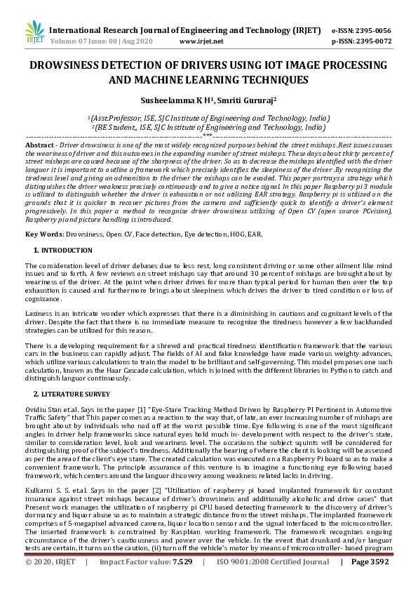 Pdf Drowsiness Detection Of Drivers Using Iot Image Processing And Machine Learning Techniques