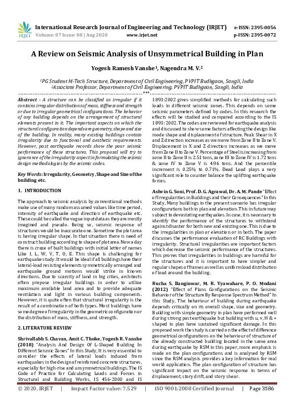 (PDF) A Review on Seismic Analysis of Unsymmetrical Building in Plan