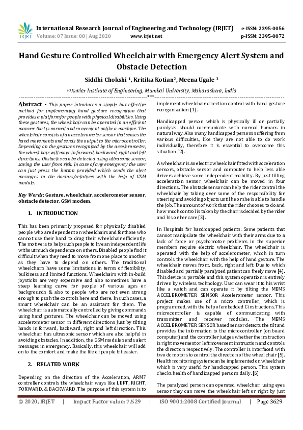 Pdf Irjet Hand Gesture Controlled Wheelchair With Emergency Alert System And Obstacle Detection