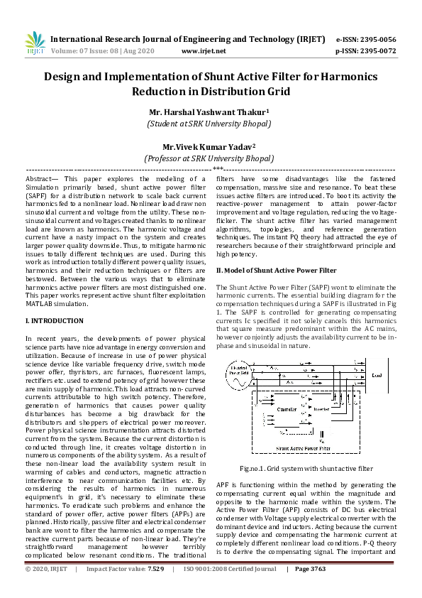(PDF) IRJET- Design and Implementation of Shunt Active Filter for Harmonics Reduction in ...