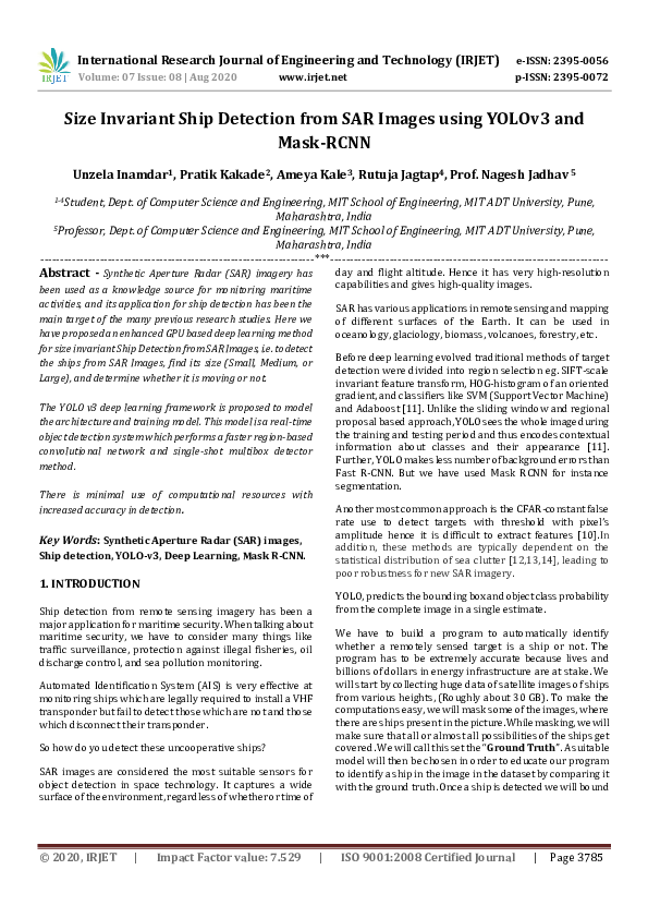 Pdf Irjet Size Invariant Ship Detection From Sar Images Using Yolov3 And Mask Rcnn 4786