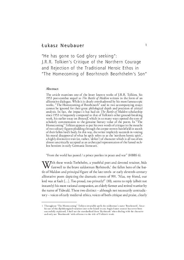 (PDF) "He has gone to God glory seeking": J.R.R. Tolkien's Critique of ...