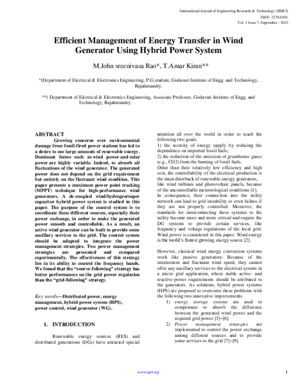 (PDF) IJERT-Efficient Management of Energy Transfer in Wind Generator Using Hybrid Power System