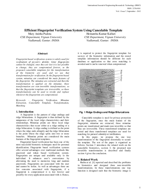 Pdf Ijert Efficient Fingerprint Verification System Using Cancelable Template