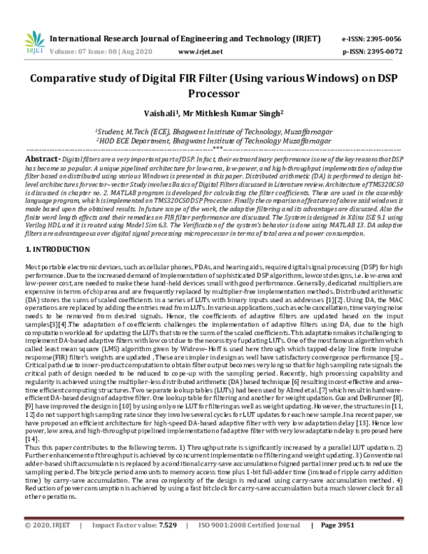 (PDF) IRJET-Comparative Study of Digital FIR Filter (using Various Windows) on DSP Processor